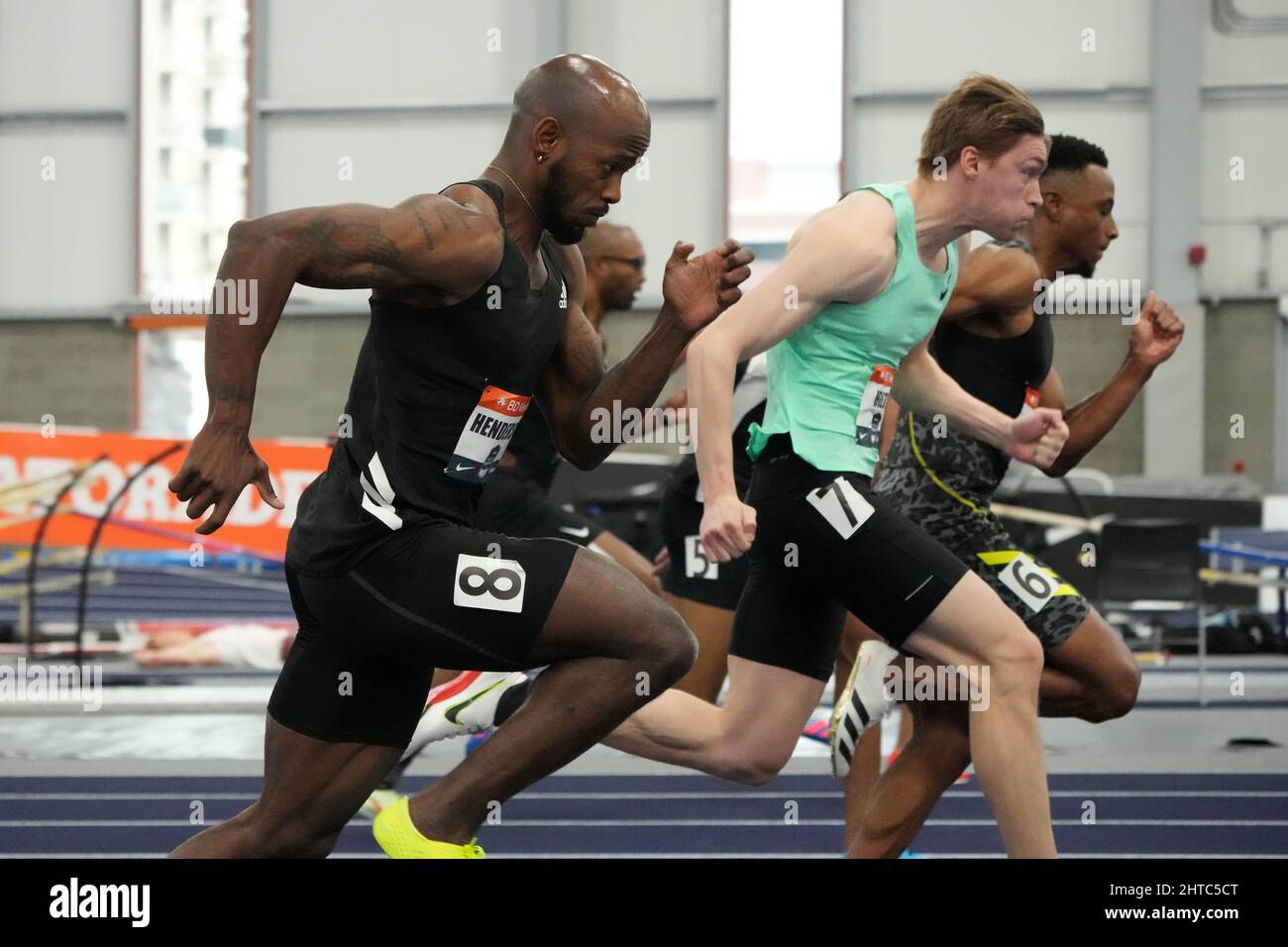 Jeff Henderson runs in a 60m heat during the USA Indoor Championships ...