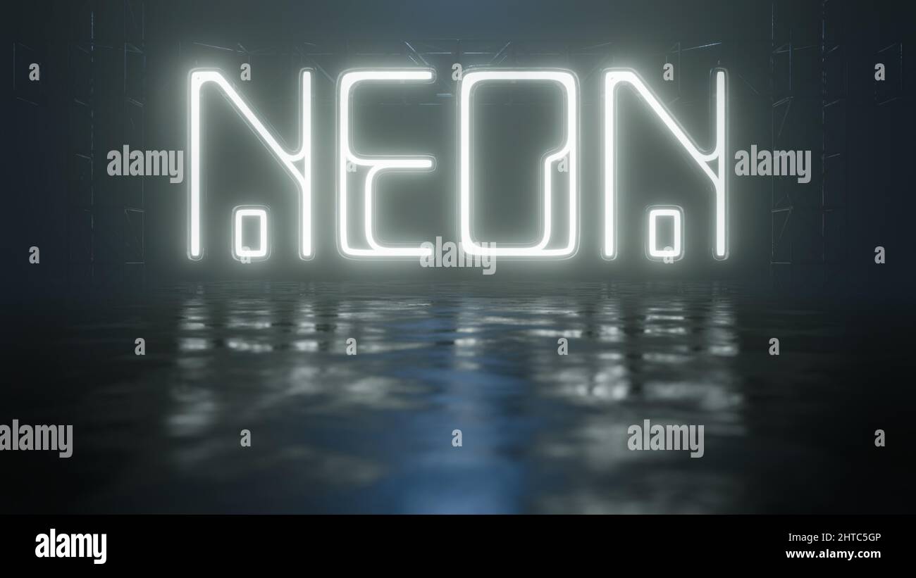 3D illustration of a glowing word Neon with white neon lights Stock ...