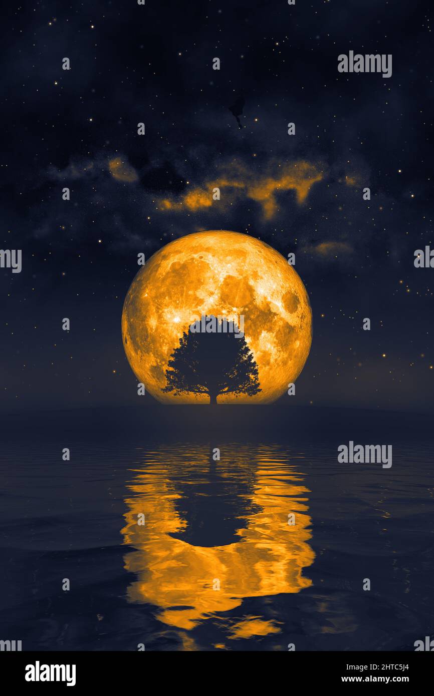 Illustration of the moon and a tree reflected on the water at night ...