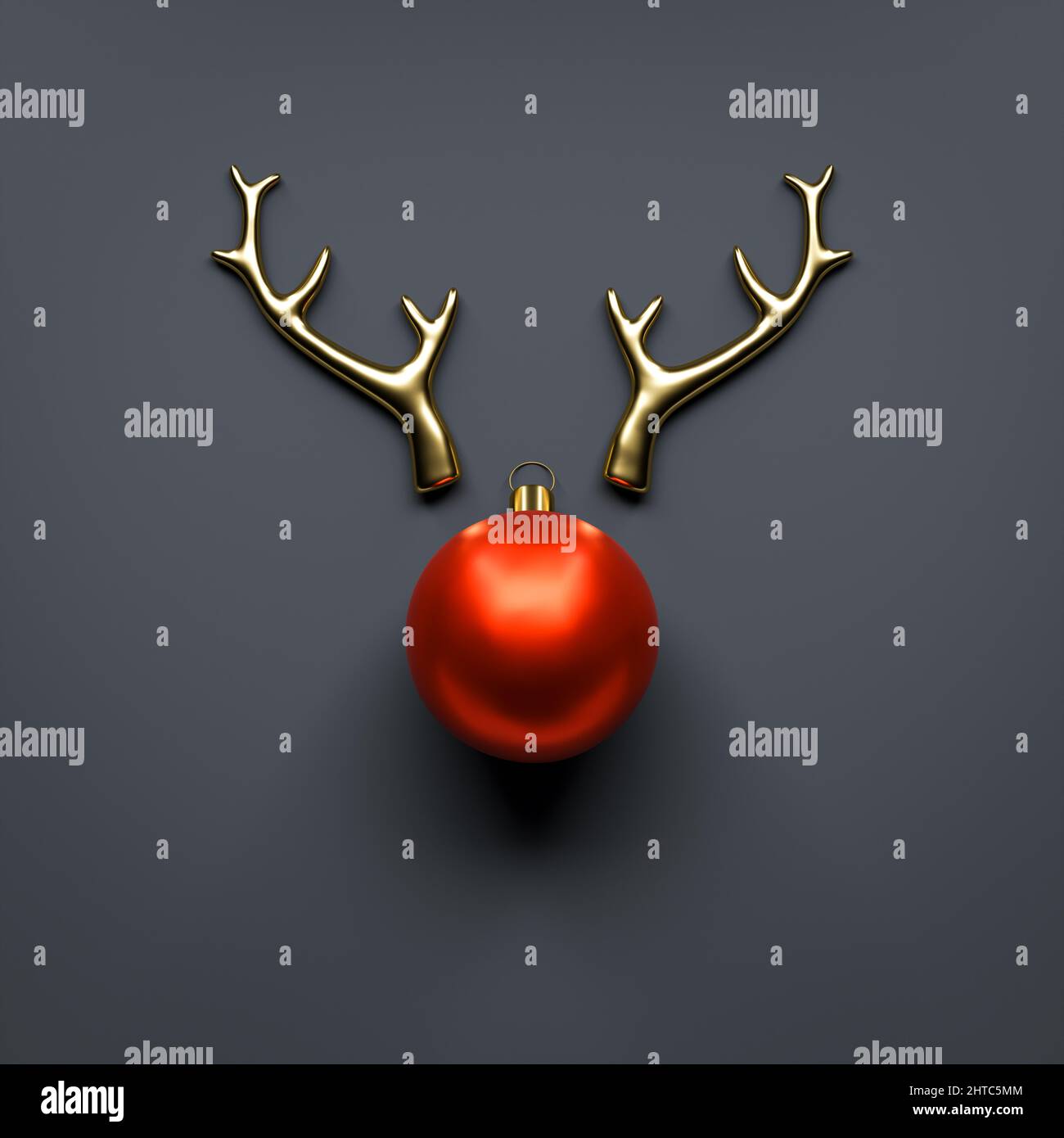 3D illustration of golden decorative antlers and a red ball Stock Photo ...