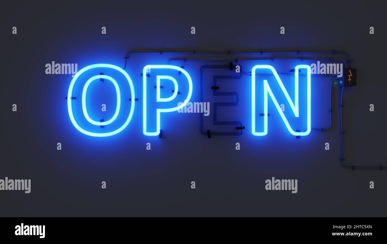 3D illustration of a neon-lighted glowing Open word with a defective ...