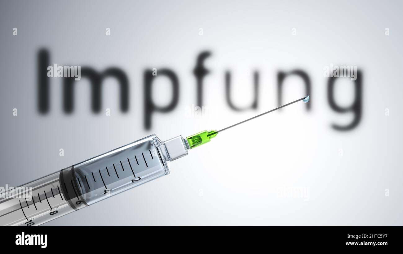 3D illustration of a syringe and Vaccination word in German in the ...