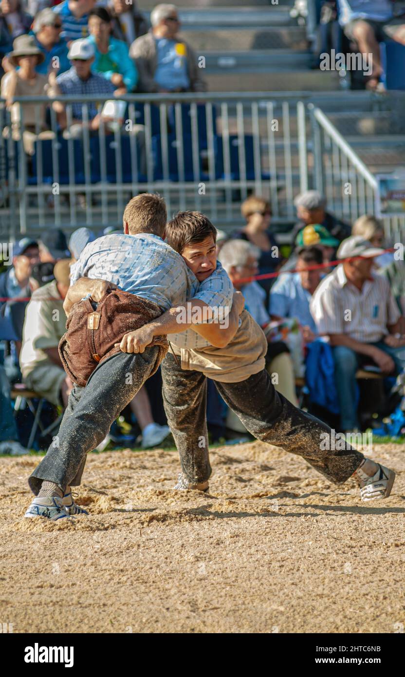Swiss wrestlers fighting at the NOS 2012 in Silvaplana, Switzerland ...