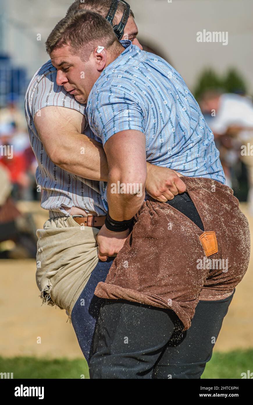 Close-up of a intense fight of Swiss wrestlers at the NOS 2012 in ...