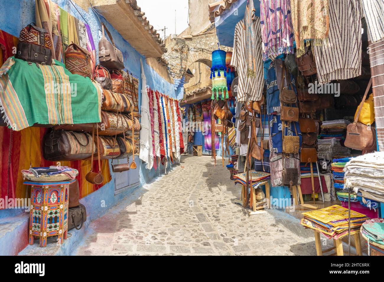 Street market bazaars of the town in Chaouen, Morocco Stock Photo - Alamy