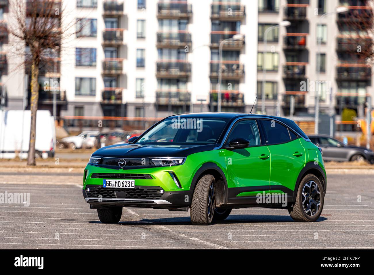 Riga, Latvia - 26 March, 2021: green electric vehicle Opel Mokka-e in ...