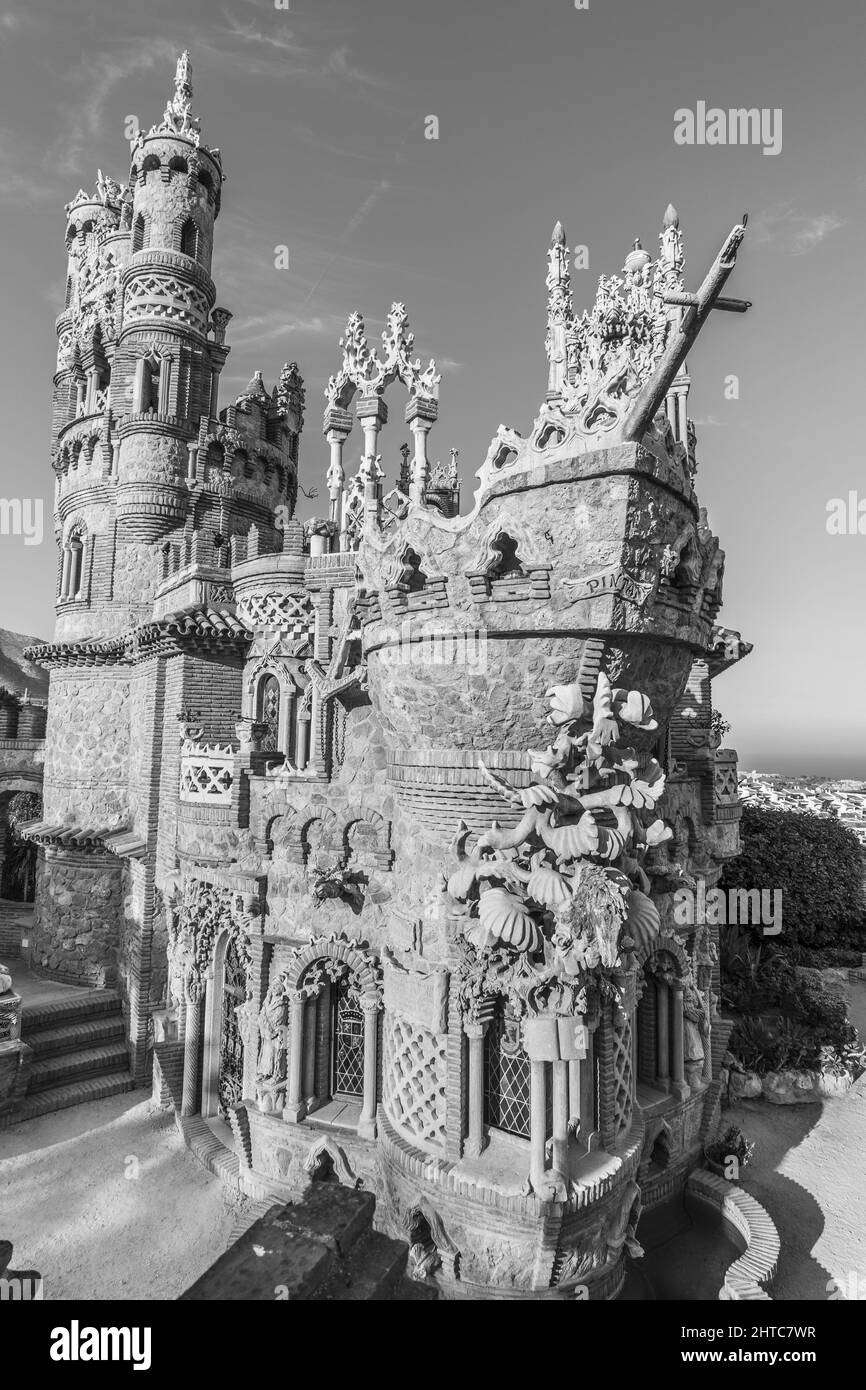 Vertical grayscale shot of Colomares Monument in Benalmadena, Spain ...