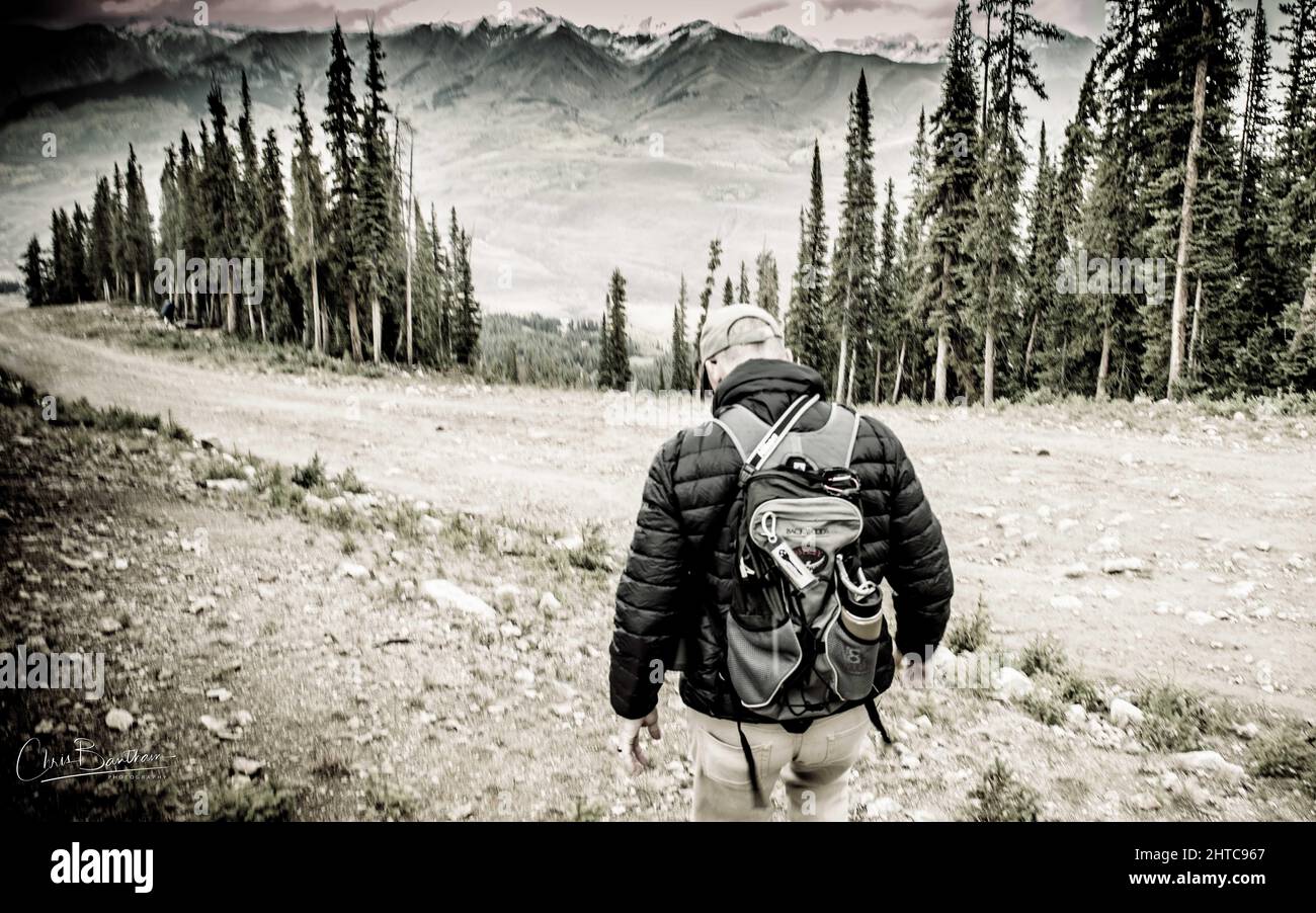 Back view of a male hiker hiking on the Crested Butte trail Stock Photo ...