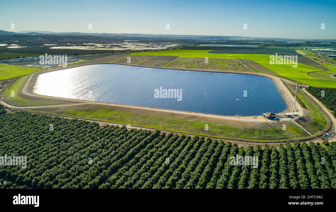Aerial photography of a sewerage treatment facility. The treated water ...