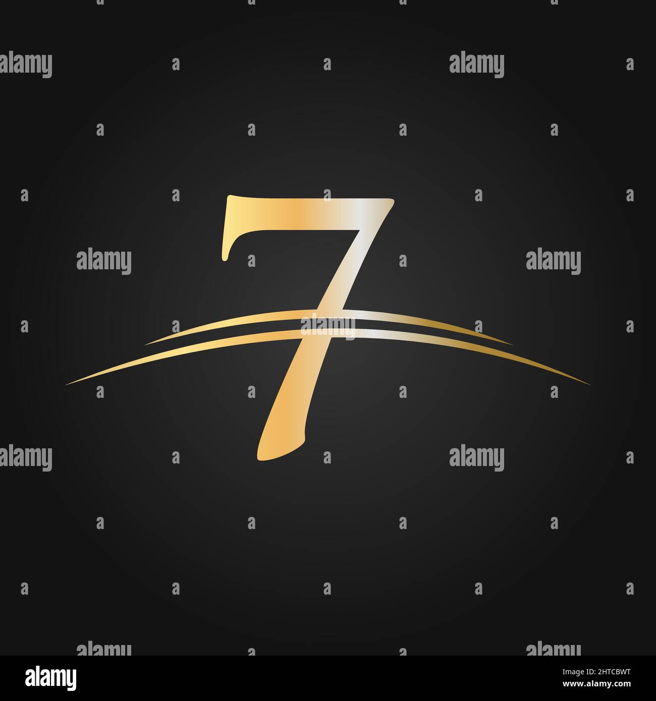 Initial letter 7 logotype company name colored gold swoosh design ...