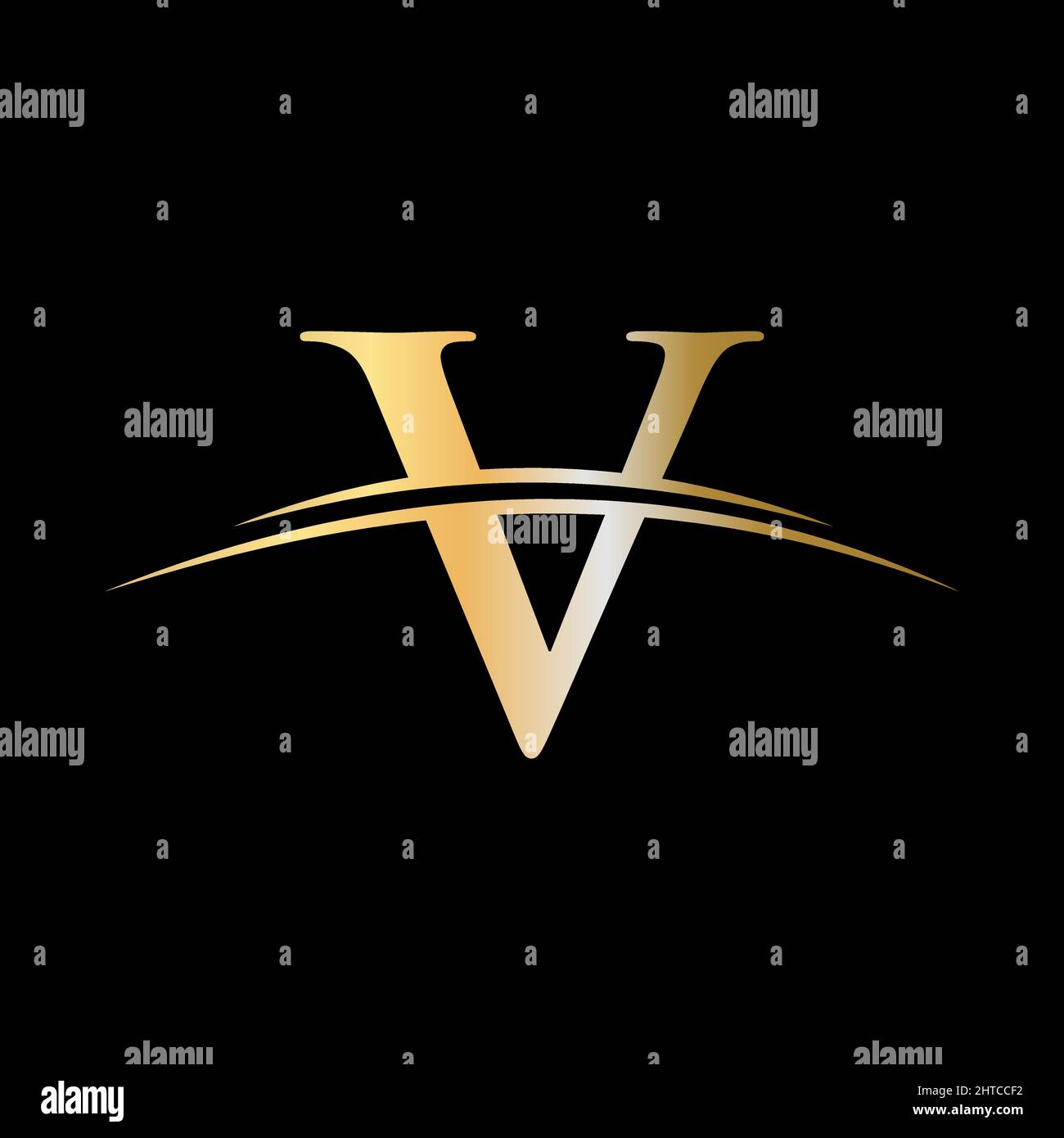 Initial letter V logotype company name colored gold swoosh design ...