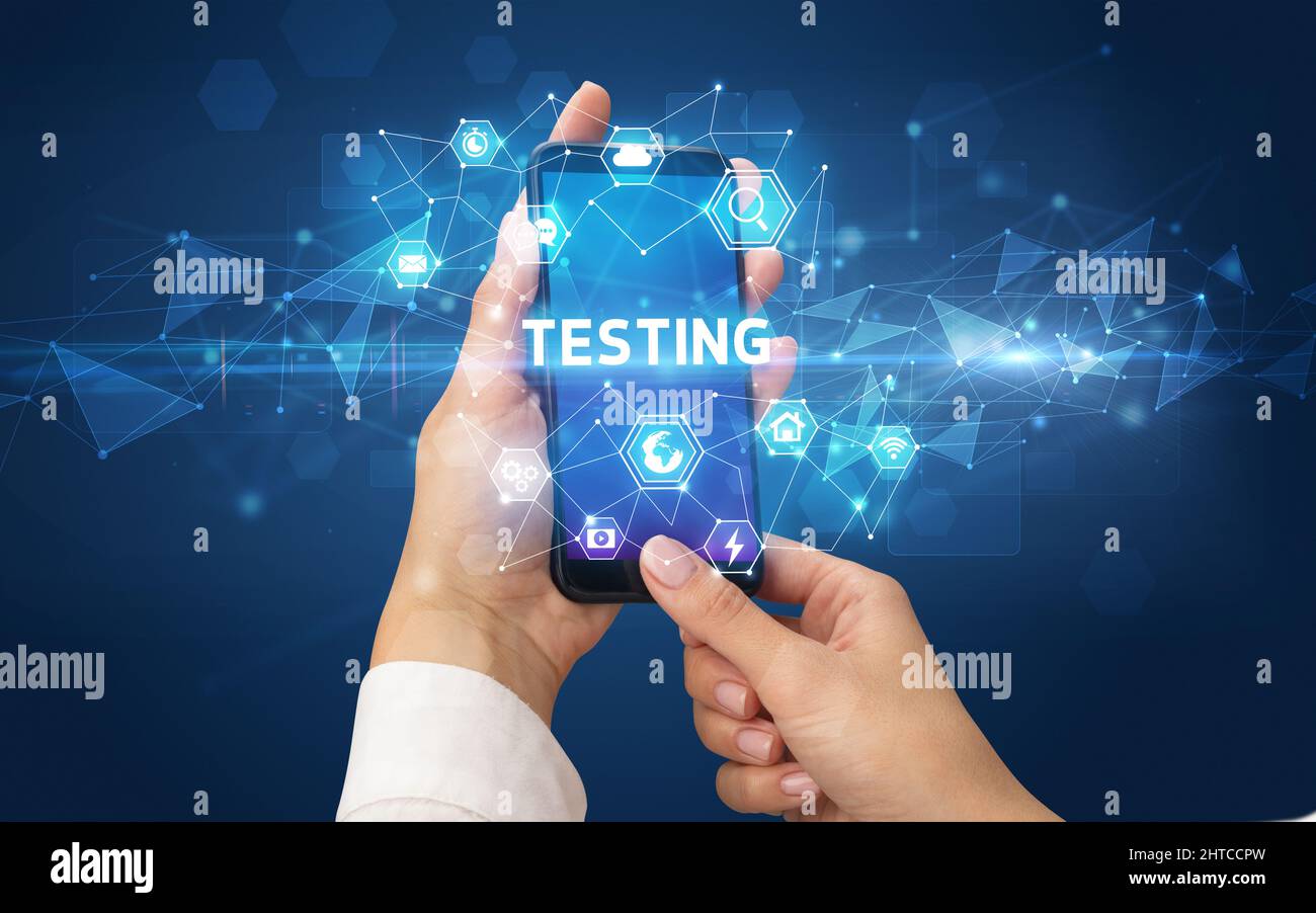 Hand using smartphone with technology concept Stock Photo - Alamy