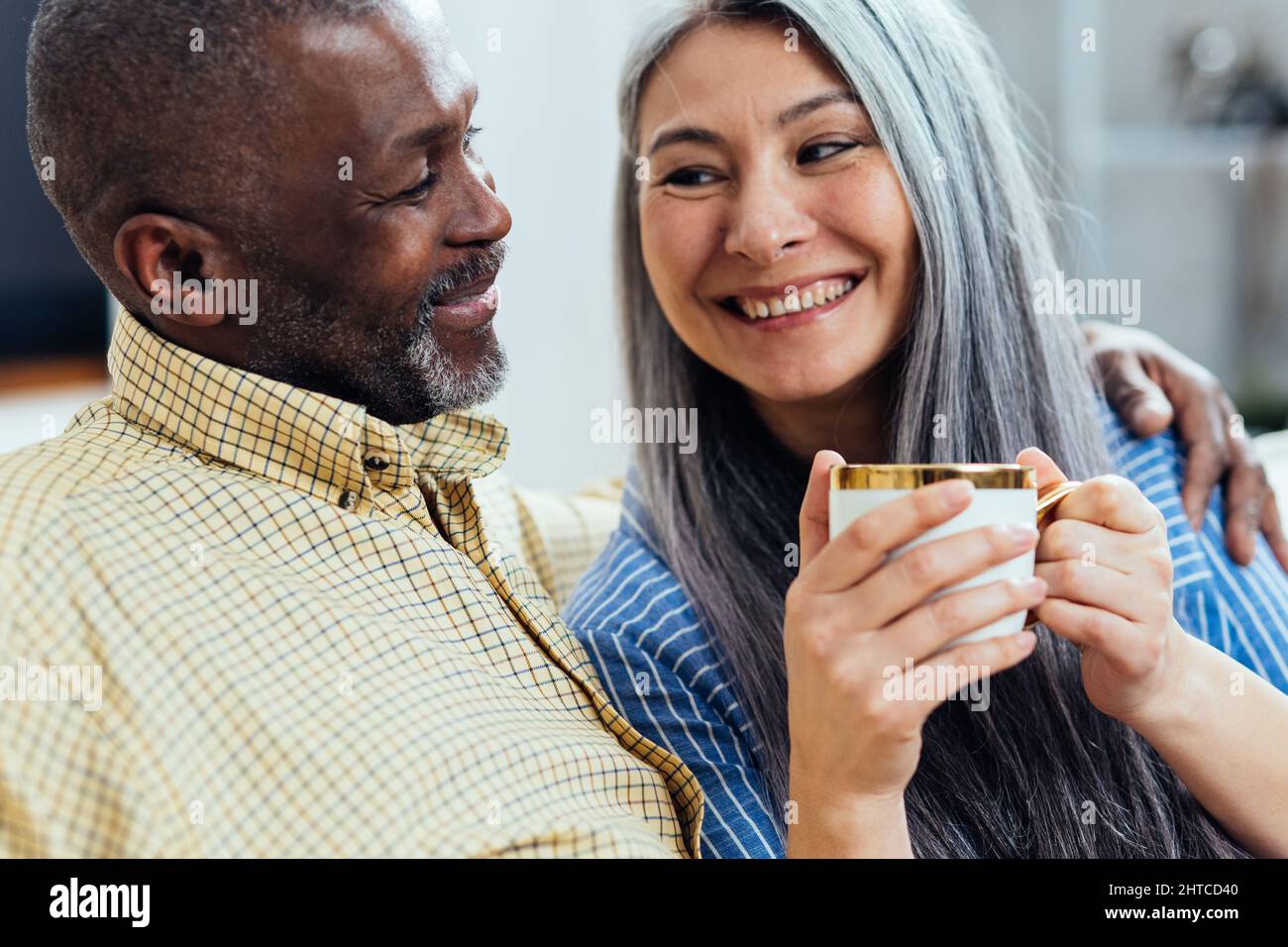 cinematic image of an happy multiethnic senior couple. Indoors ...