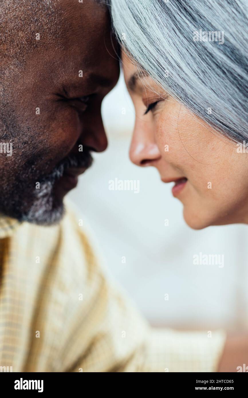cinematic image of an happy multiethnic senior couple. Indoors ...