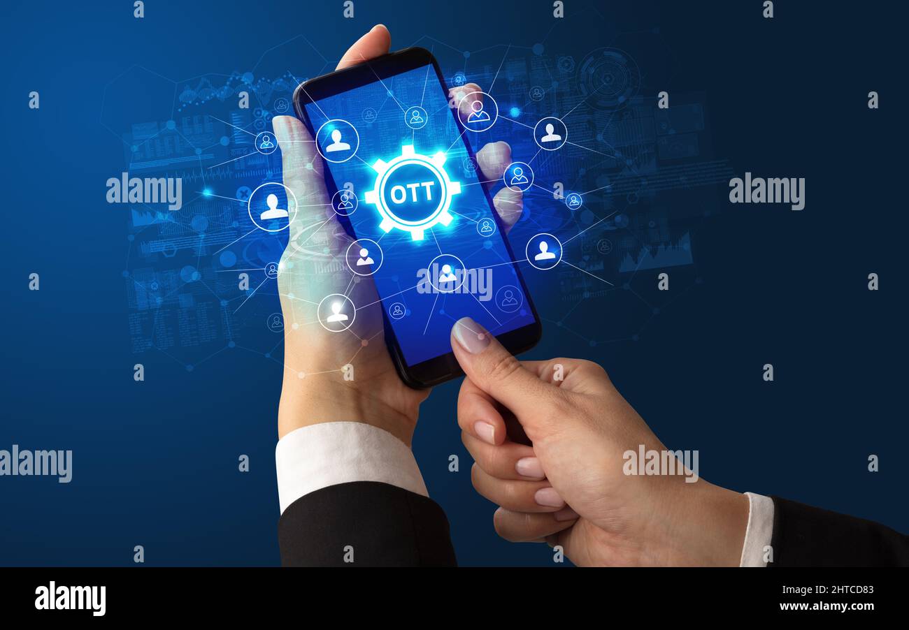Hand using smartphone with technology concept Stock Photo - Alamy
