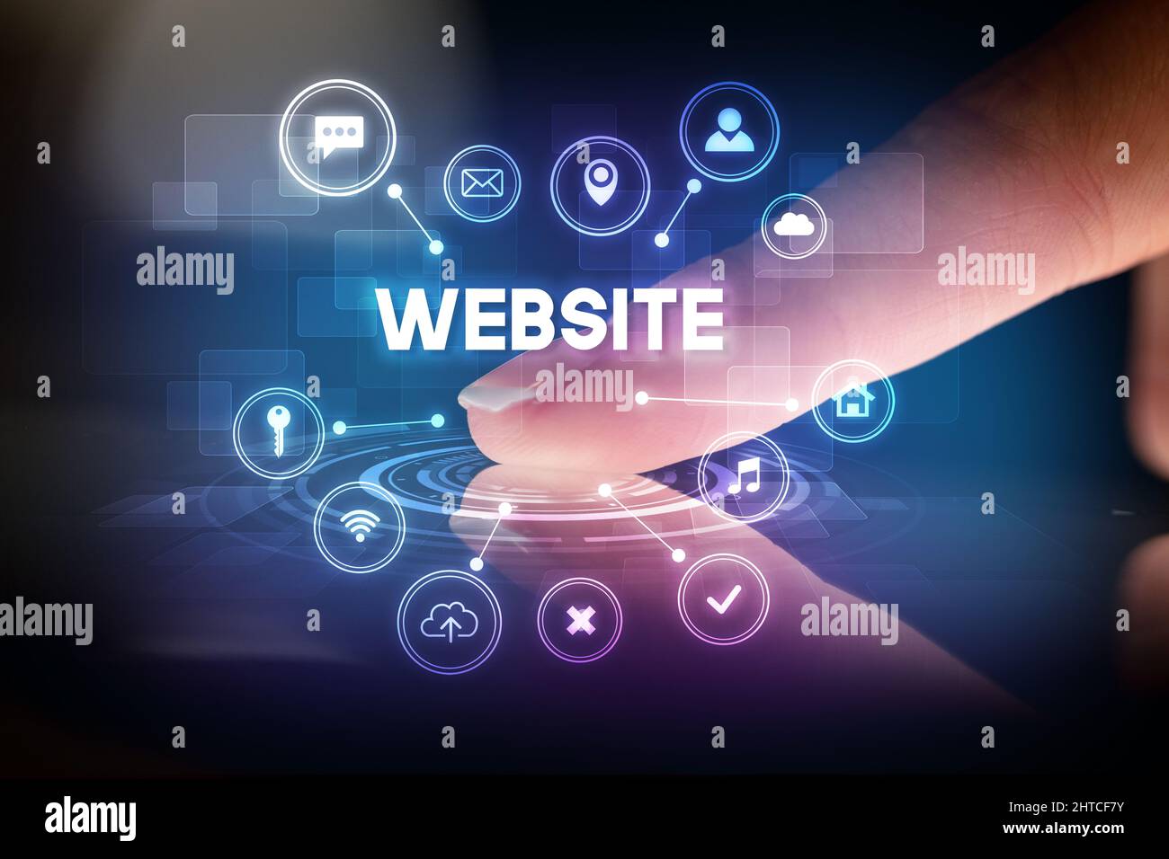 Finger touching tablet with web technology icons concept Stock Photo ...