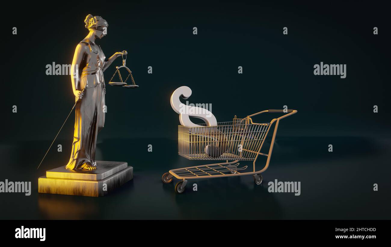 3D rendering of a beautiful brass Lady Justice figure with a shopping ...