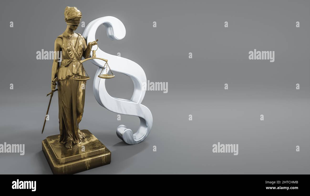 3D rendering of the Lady Justice figure with a law sign and space for ...
