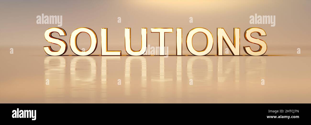 3D illustration of the word "solutions" reflecting on a beige ...