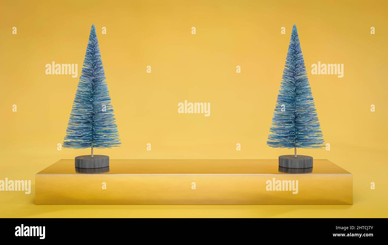 3D illustration of a Christmas display background with toy fir trees ...