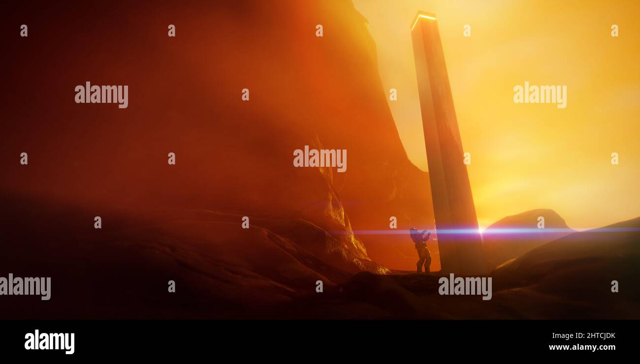 3D rendering of an explorer at the monolith, science fiction Stock ...