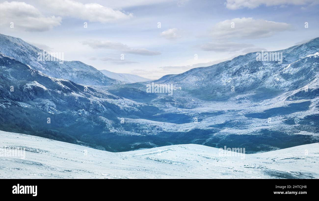 3D illustration of an alpine winter snow valley scenery Stock Photo - Alamy