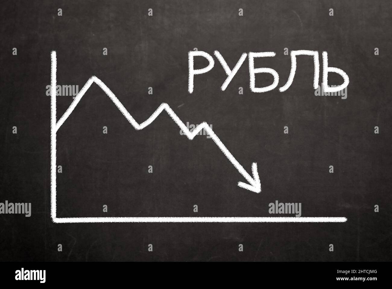 The Ruble word in russian and a financial graph of a falling market ...
