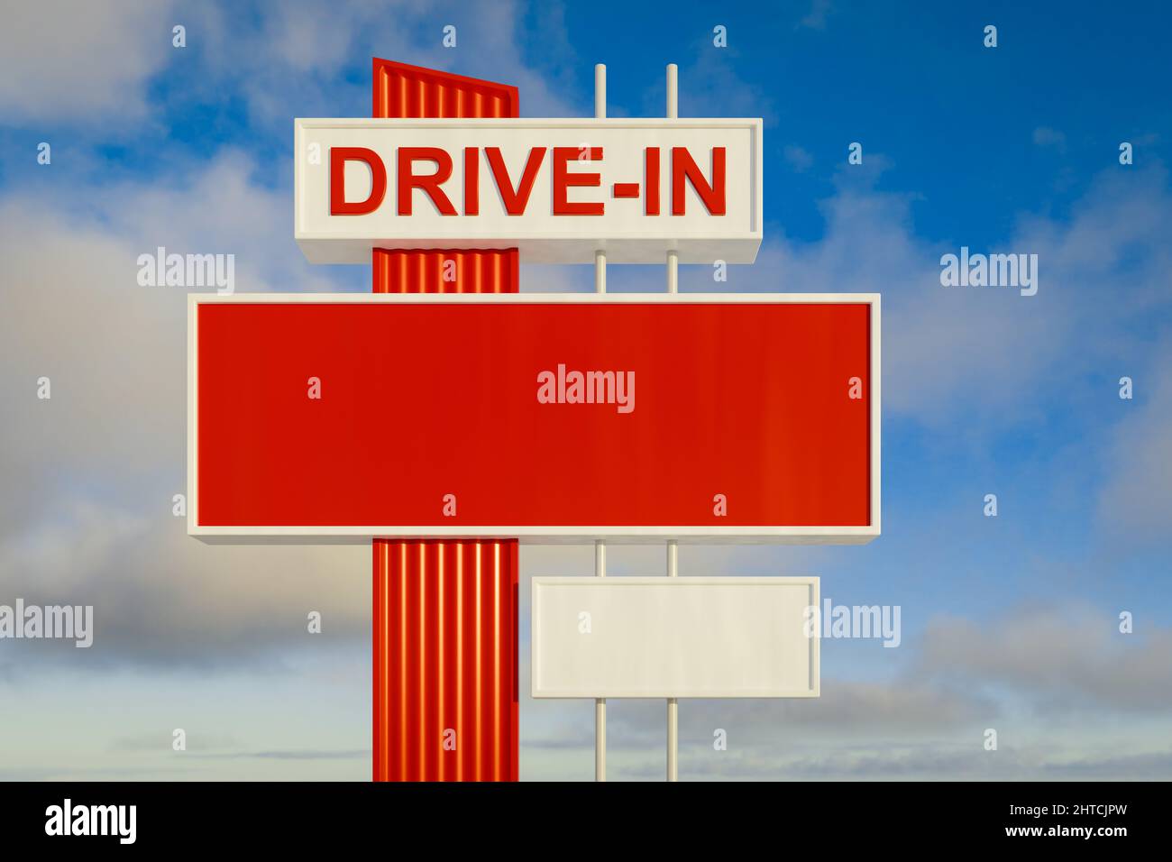 3D illustration of a retro drive in sign with a red copy space against ...