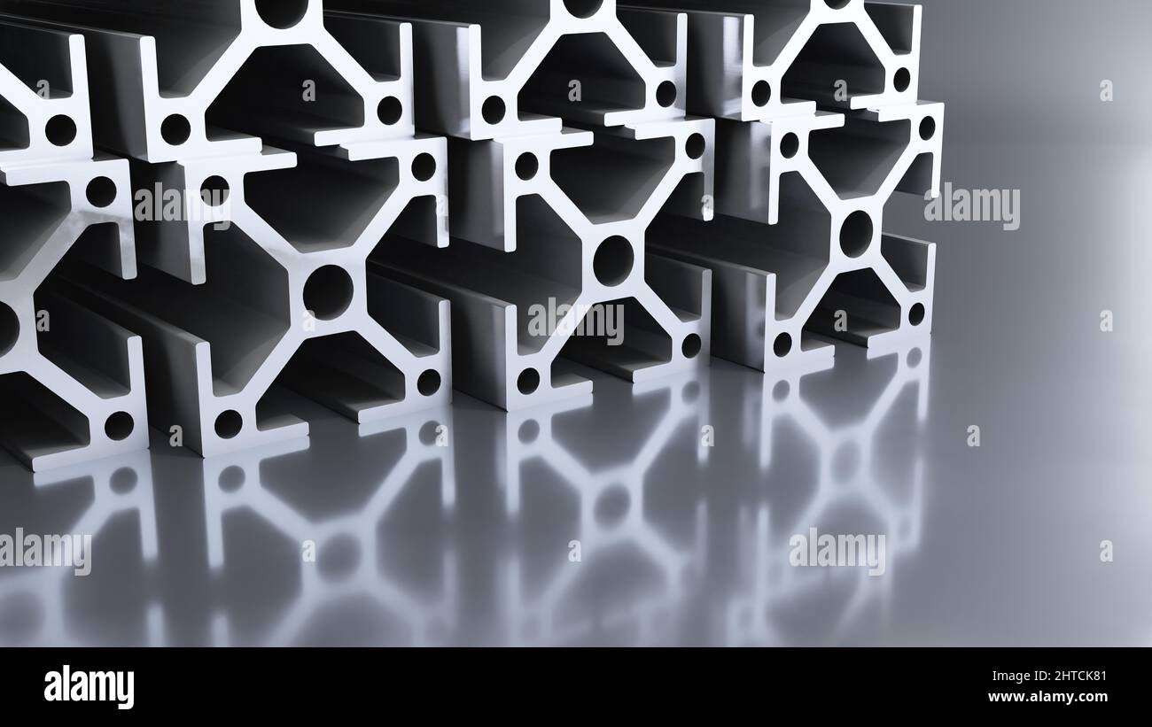 3D illustration of some aluminum construction profile objects on a gray ...