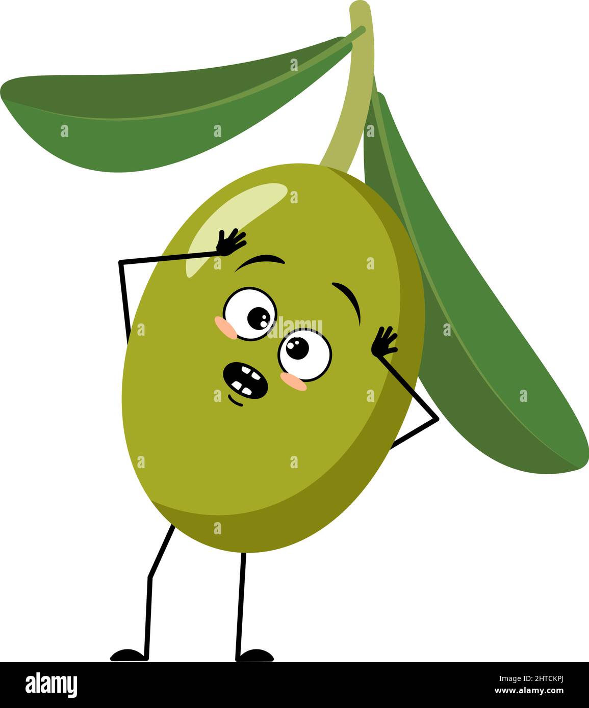 Olive character with emotions in panic grabs his head, surprised face ...