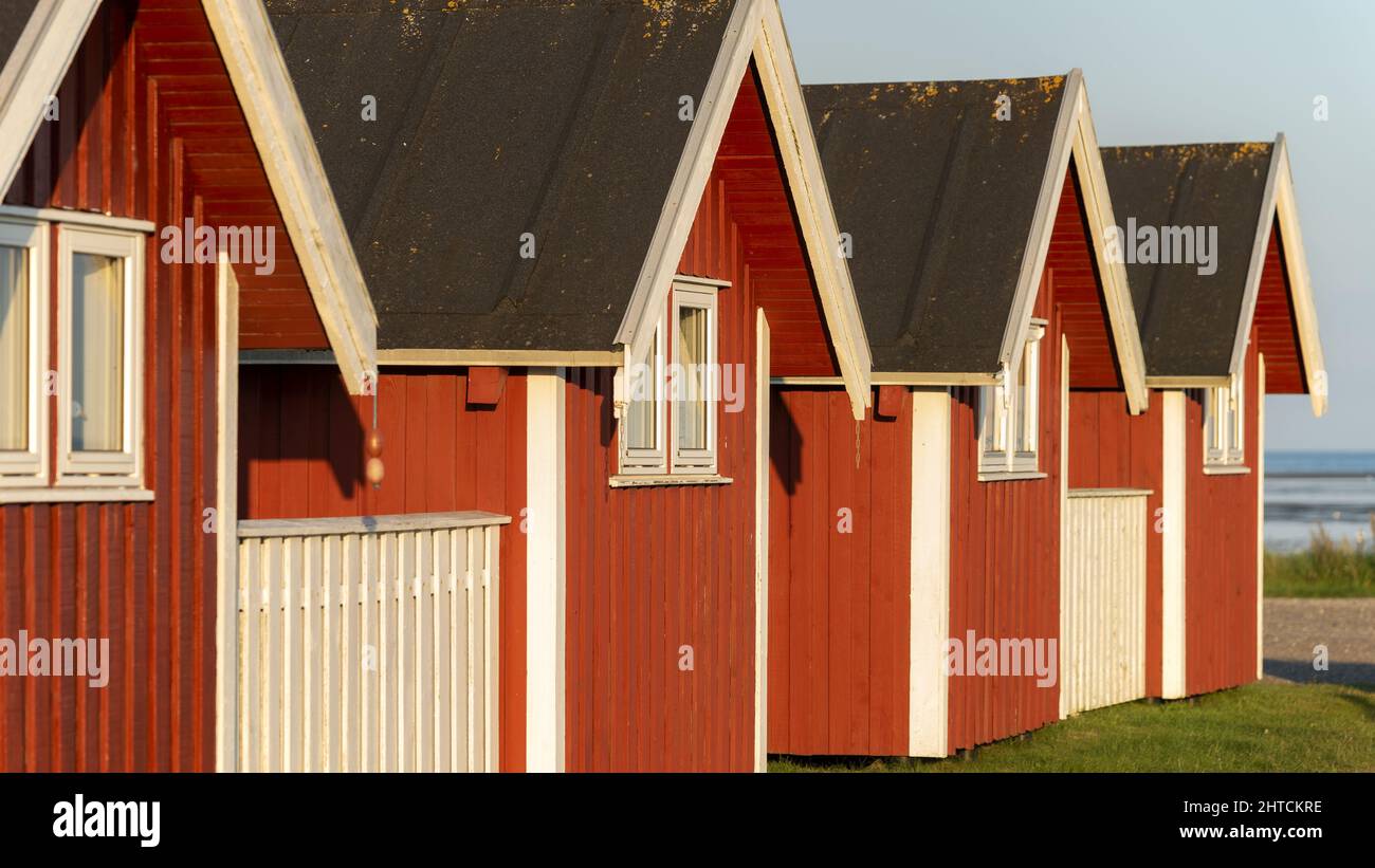 Wooden cottages with red walls and black roofs in a seaside Stock Photo ...