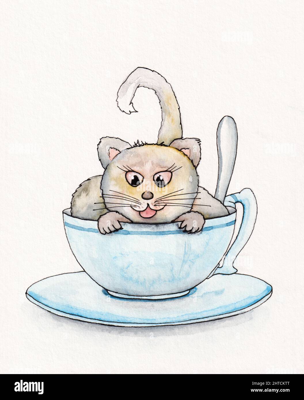 Watercolor illustration of a sweet cat in a cup Stock Photo - Alamy