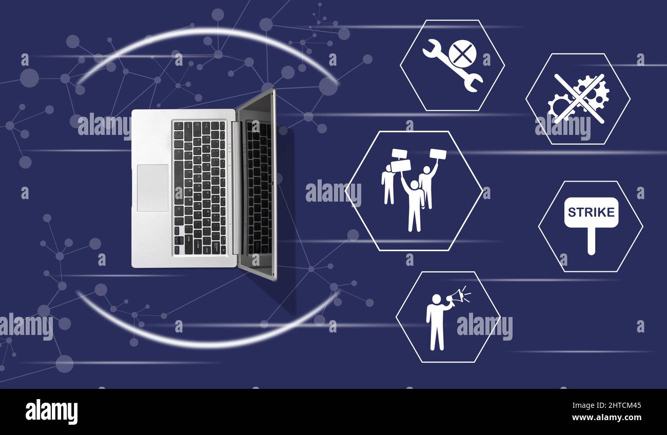 Top view of laptop with symbol of strike concept Stock Photo - Alamy