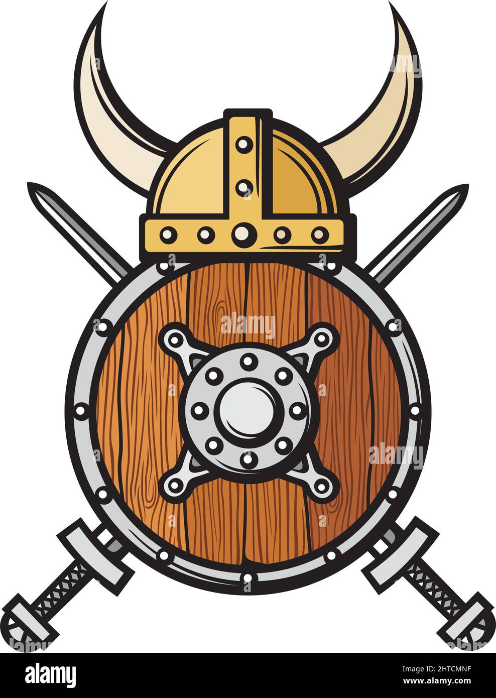 Viking helmet, round wooden shield, and crossed swords vector ...