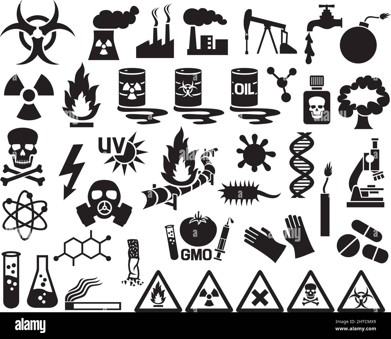 Hazard, pollution and danger icons set (barrels with nuclear waste, gas ...