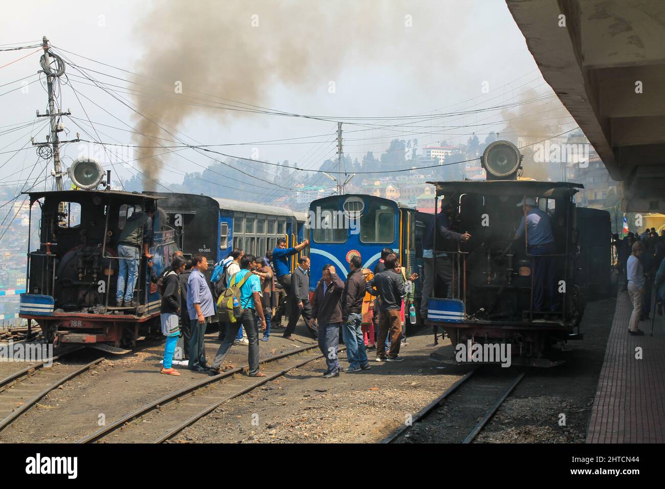 Bright morning at the Ghum train station in Darjeeling, India with ...