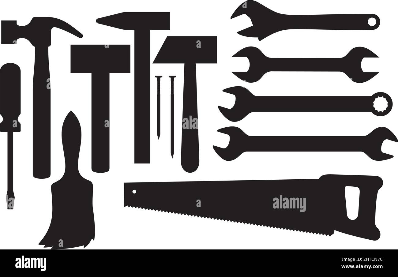 Vector black silhouettes of hand tools (hammer, nail, wrench ...