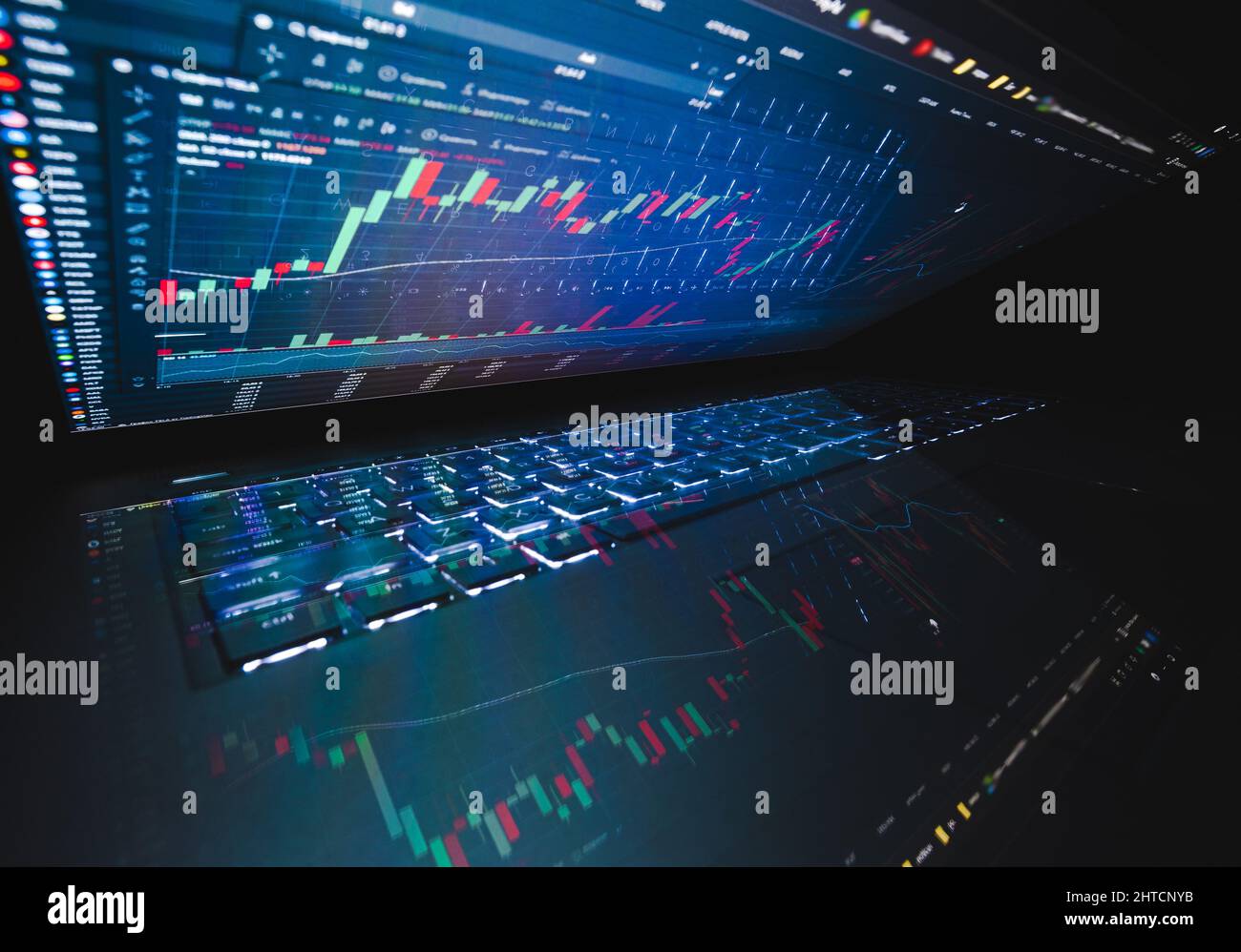 Laptop screen with stock market charts. Technical analysis and ...