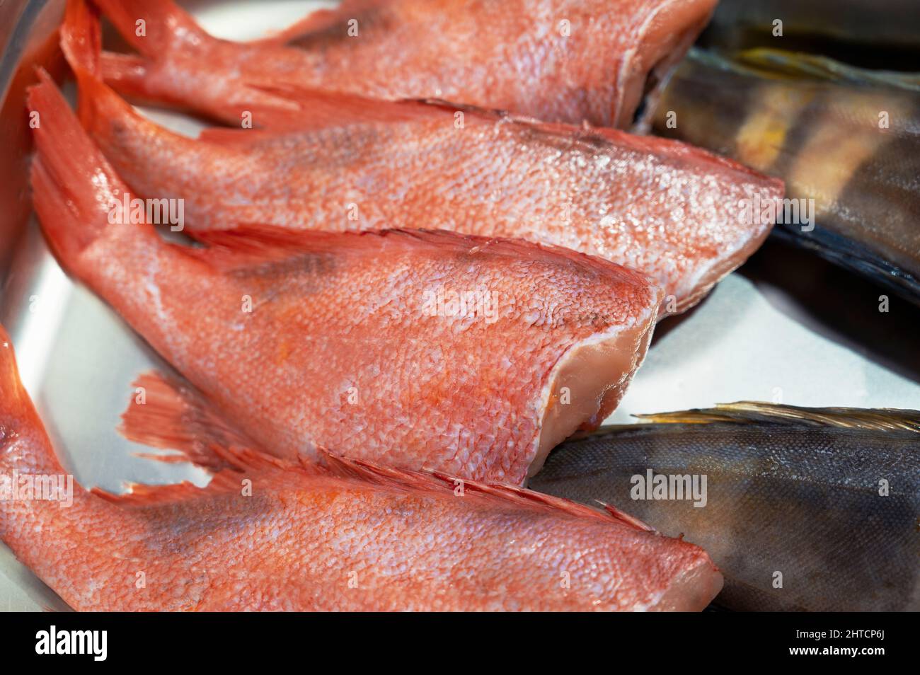 Fresh raw greenling fish and sea bass fish in the supermarket Stock ...