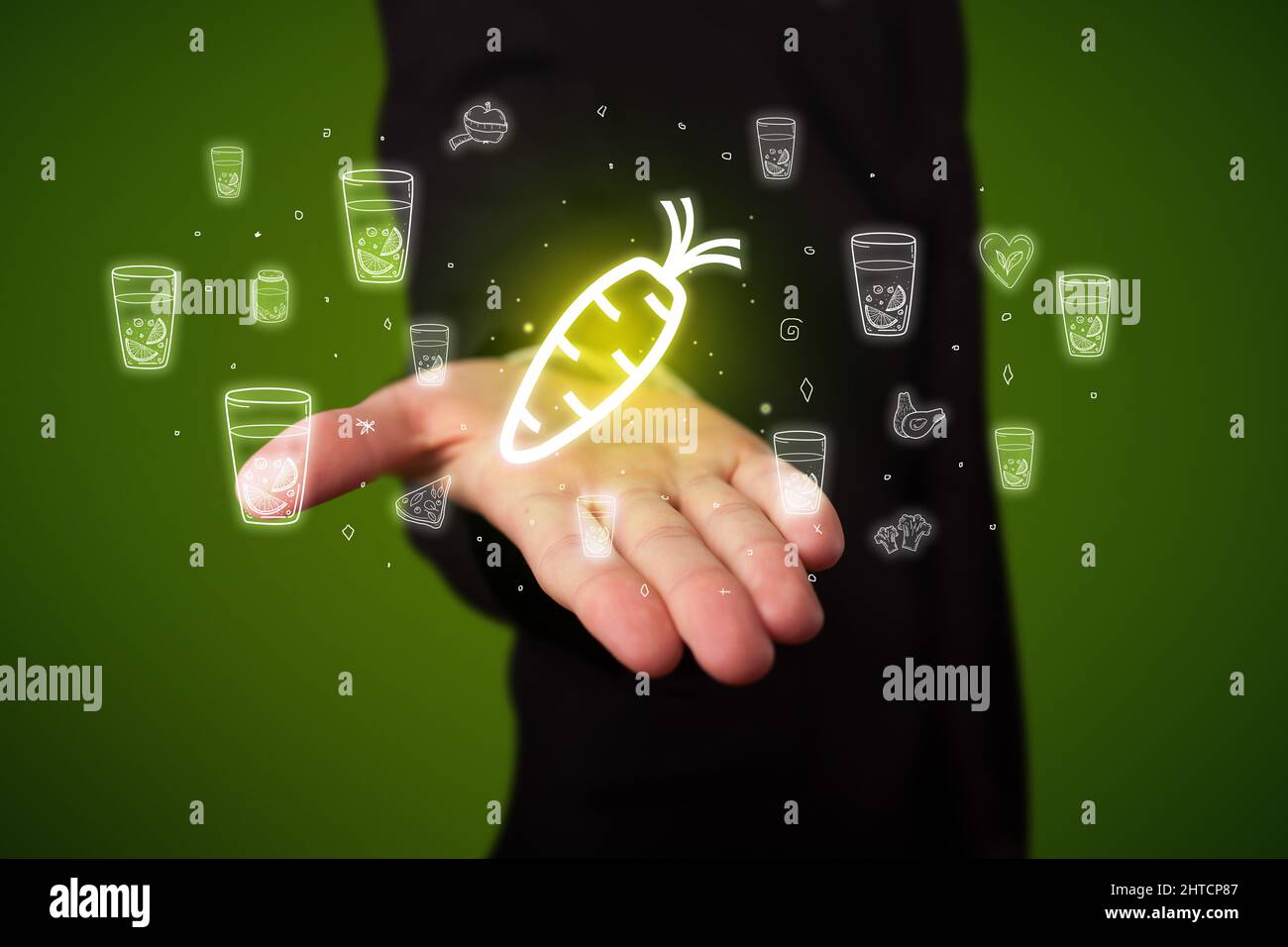 Hand holding food related icons Stock Photo - Alamy