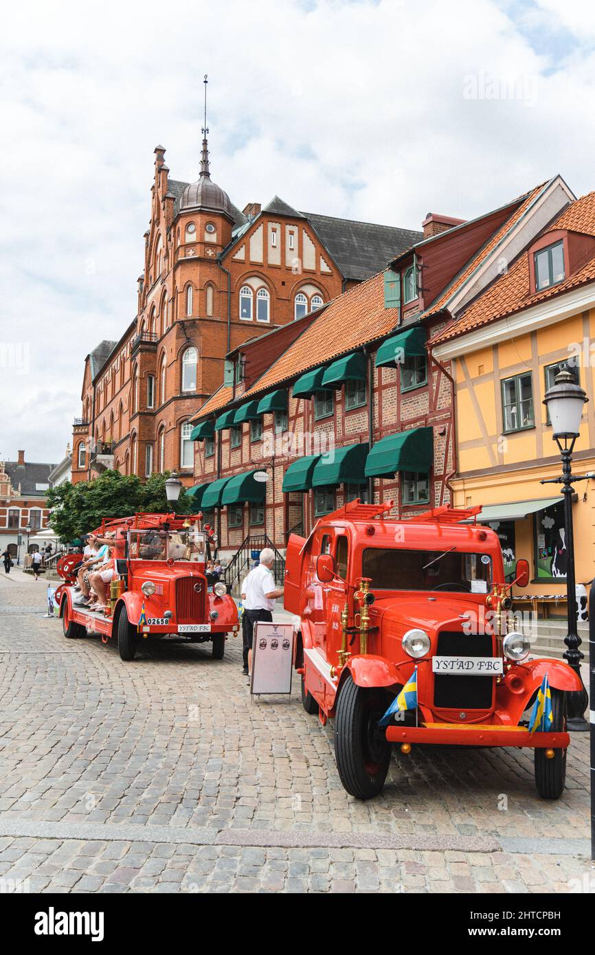 old fire engine in front of half-timbered house Stock Photo - Alamy