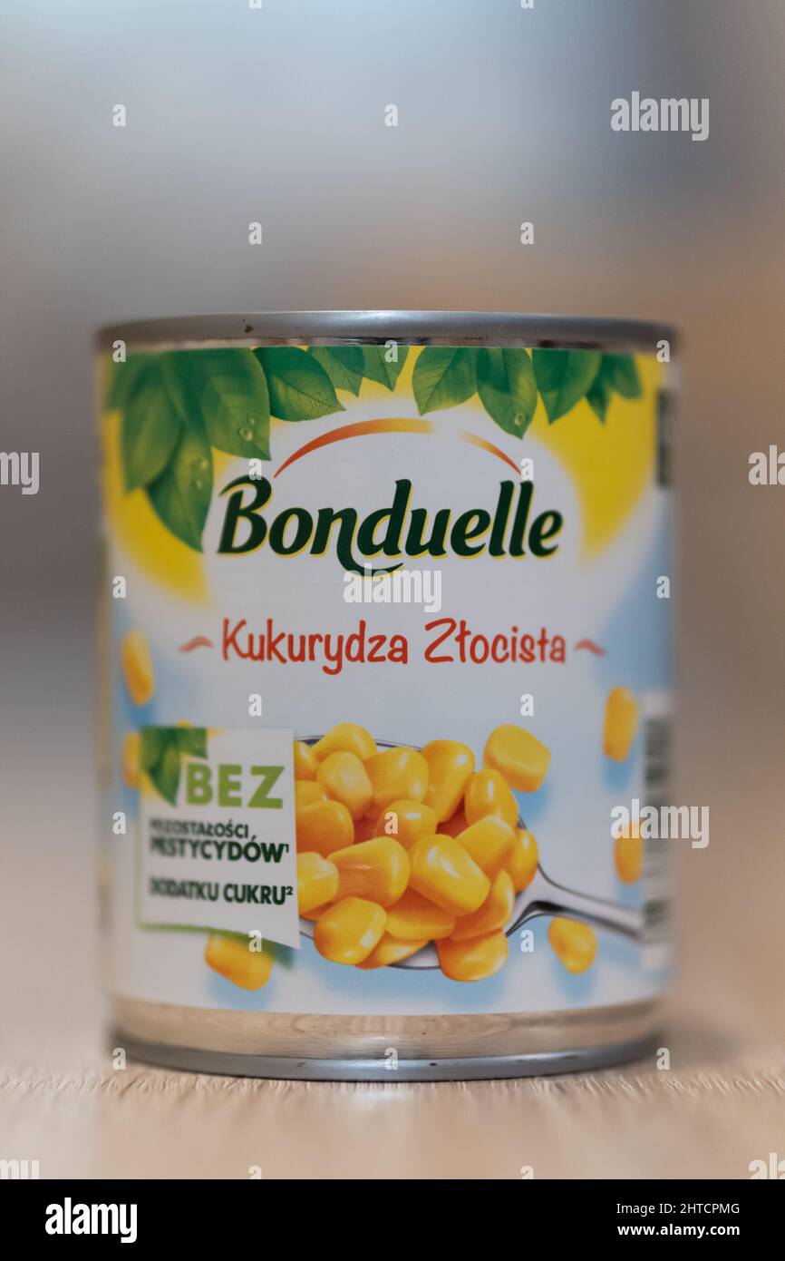 Can of "Bonduelle" conserved corn Stock Photo - Alamy