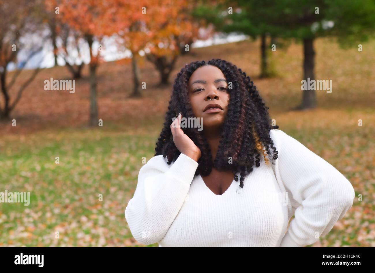 Beautiful black woman on a background of colorful autumn trees Stock ...