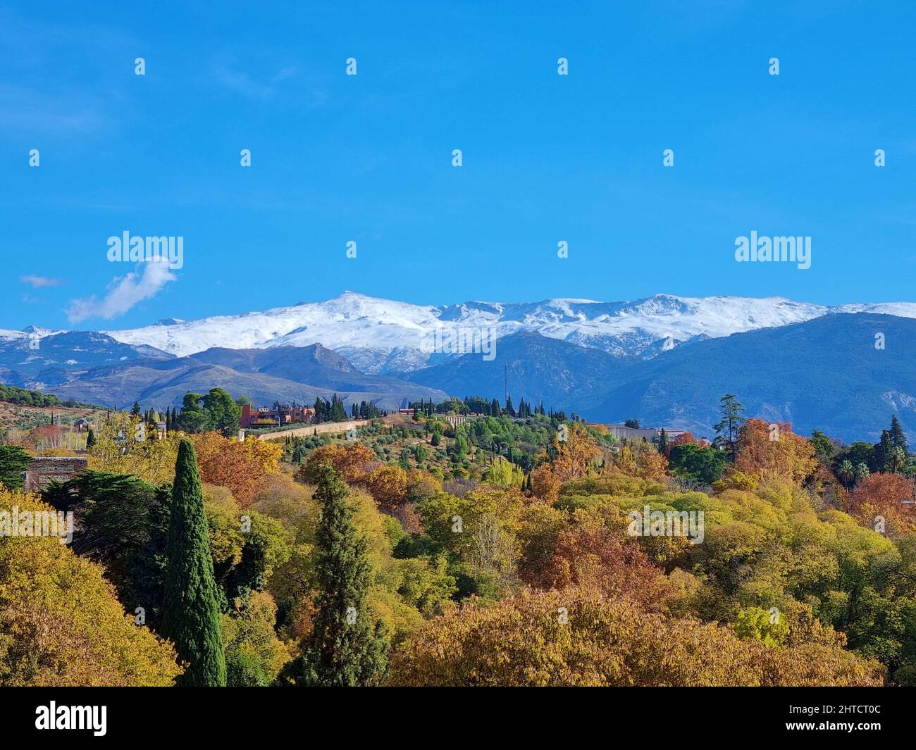 Autumn landscape in Granada, Spain, with the Sierra Nevada in the ...