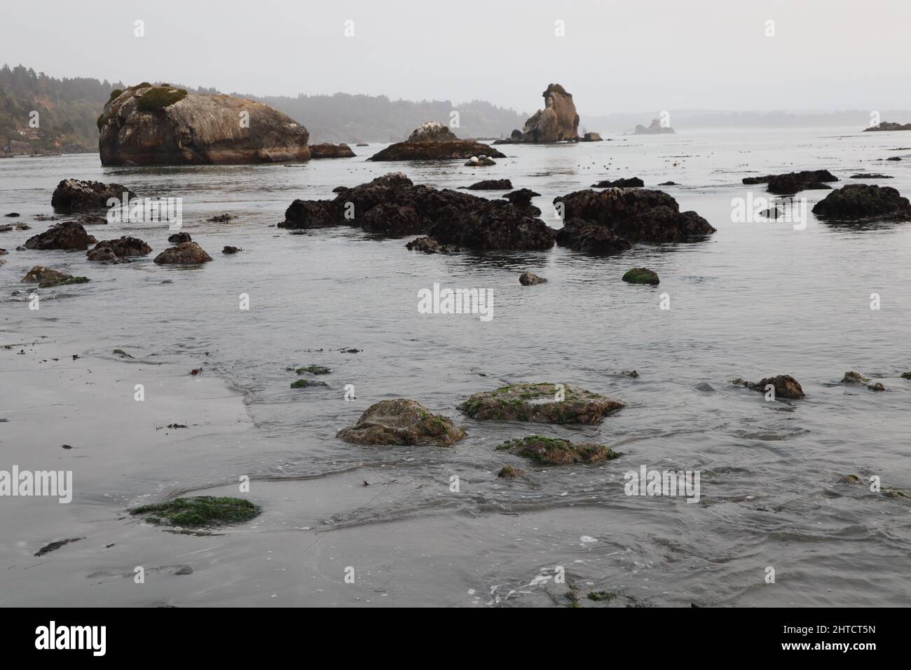 A scenic view of rocks in the water at the beach in the bay at Trinidad ...