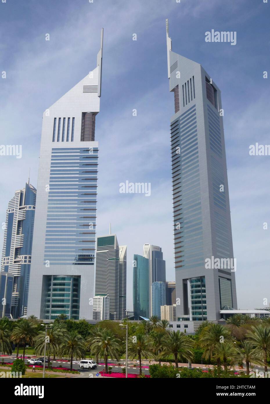 A view of the Emirates Towers hotel and office buildings in Dubai, UAE ...