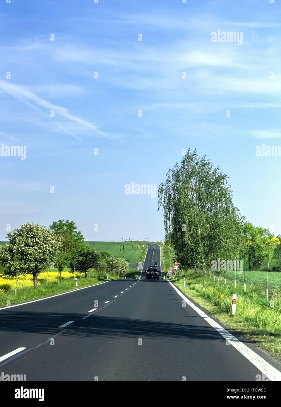 Vertical shot of a road with passing cars surrounded by trees and ...