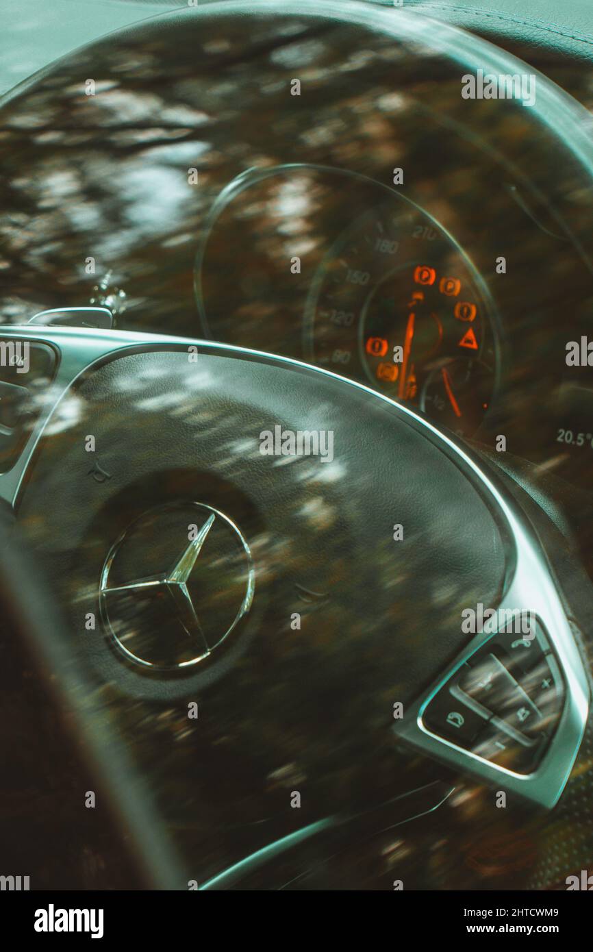 Closeup of a Mercedes Benz AMG car steering wheel from the window Stock ...