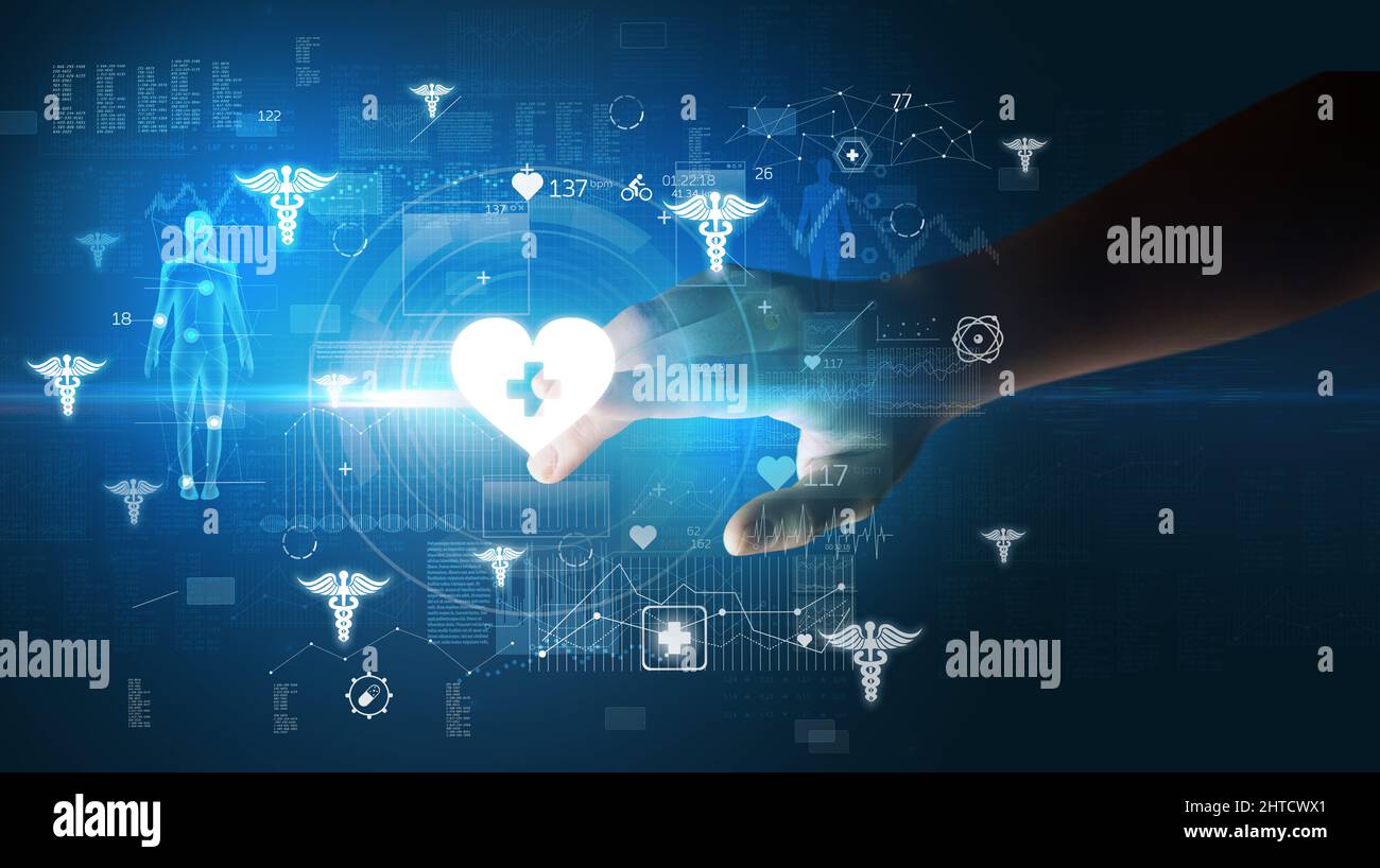 Doctor hand pressing futuristic health device with medical symbol on ...