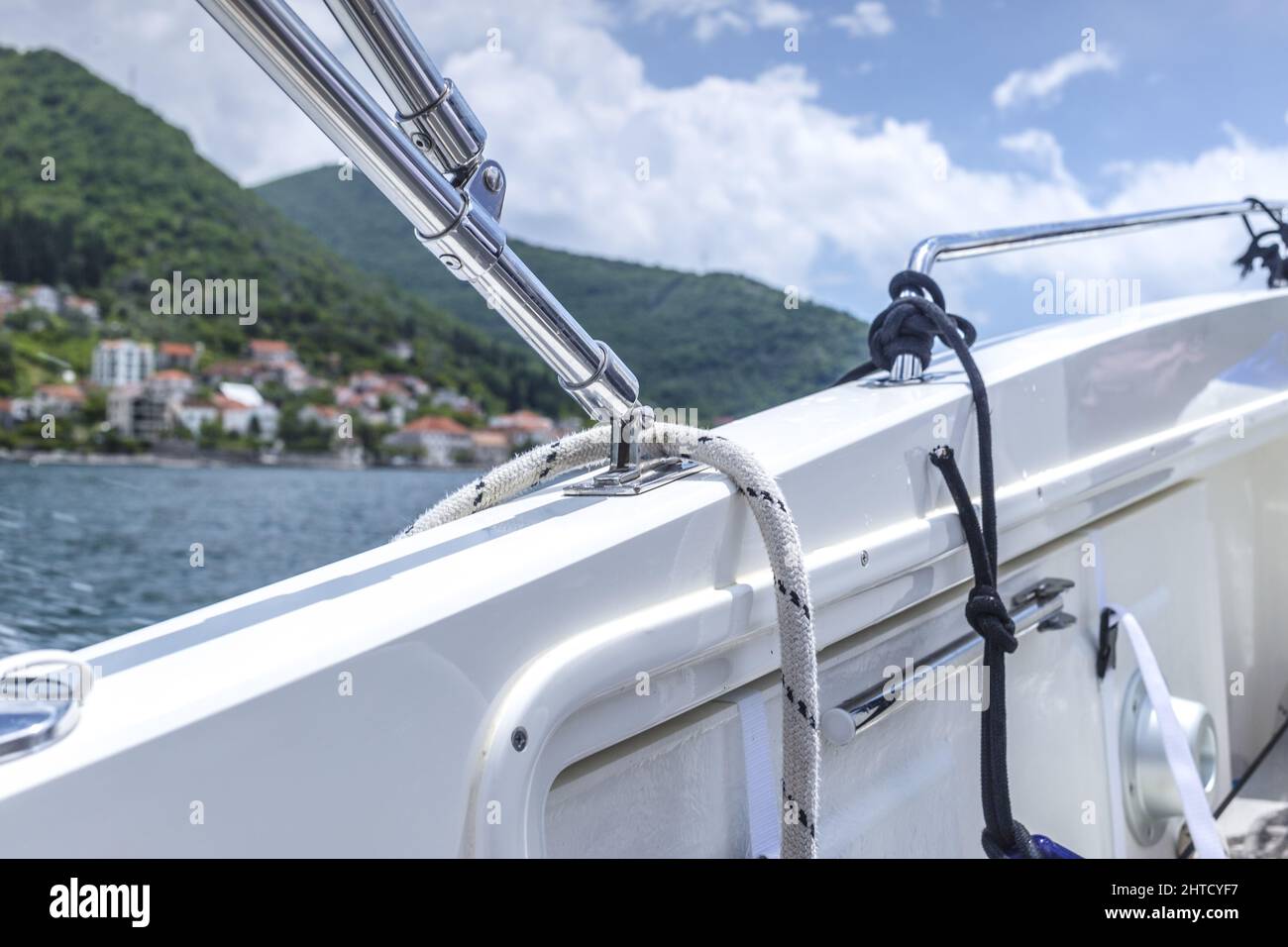 Closeup of belay cleat and ropes on the boat in the Bay of Kotor Stock ...